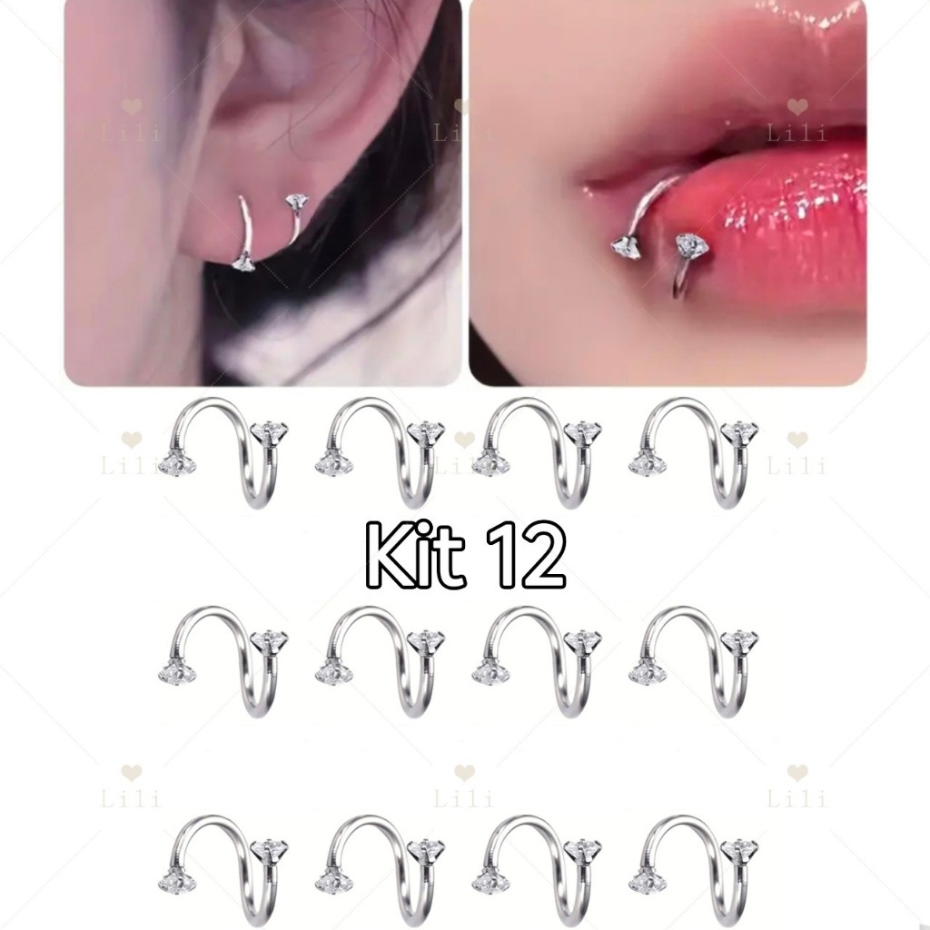 Kit 12 Piercing Twister Aço Cirúrgico com Zircônia Redondo / Septril ...
