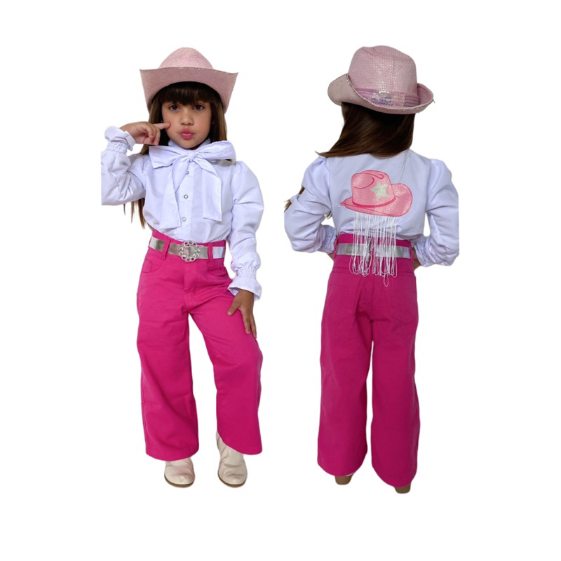 Conjunto infantil Boiadeira Ana Castela roupa rosa calça jeans camisa ...