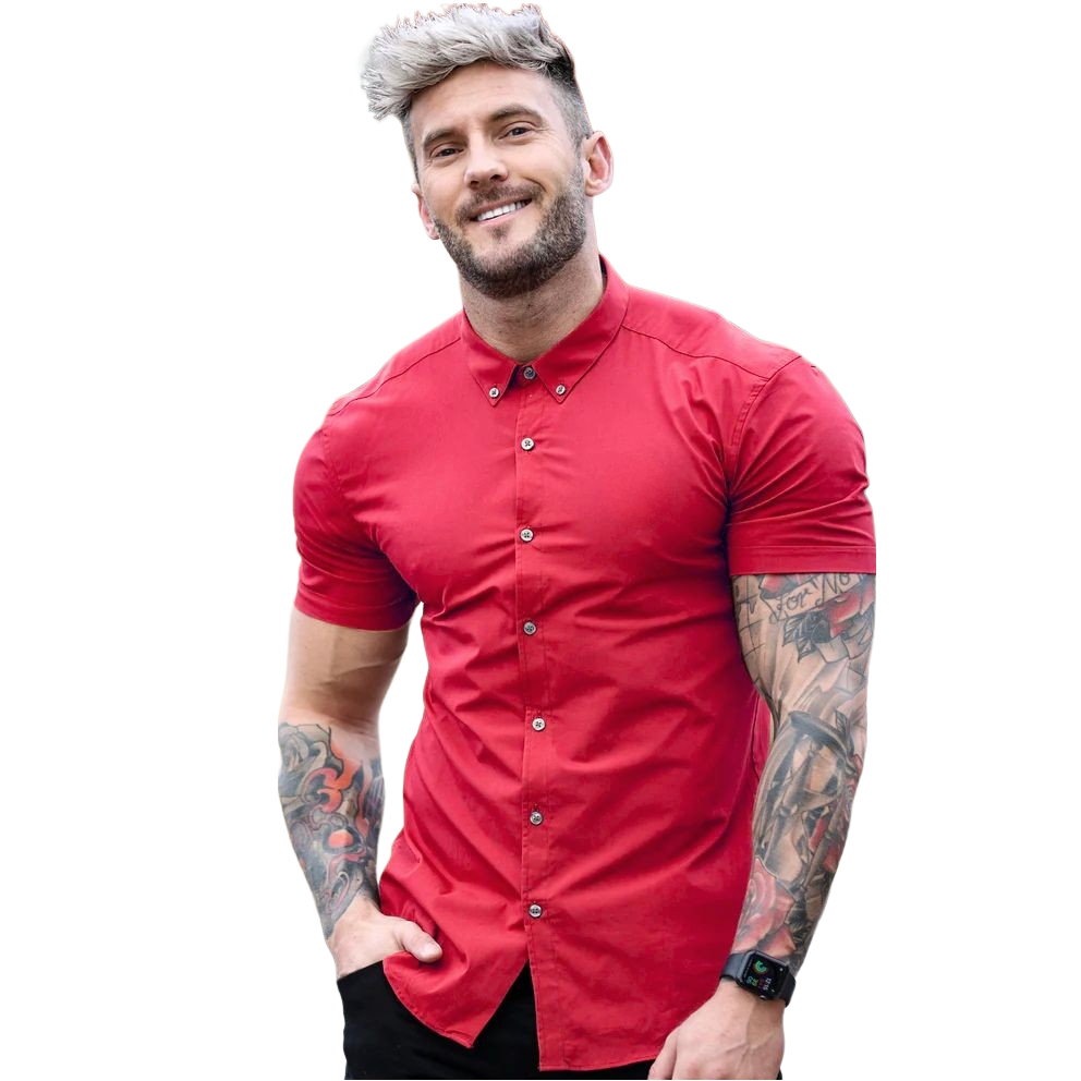Camisa Colarinho Americano Super Slim Manga Curta Tricoline Misto Sem ...