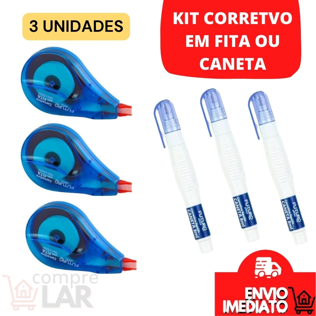 Corretivo Corretor Fita Caneta Líquido Kit 3 Unidades Material Escolar ...