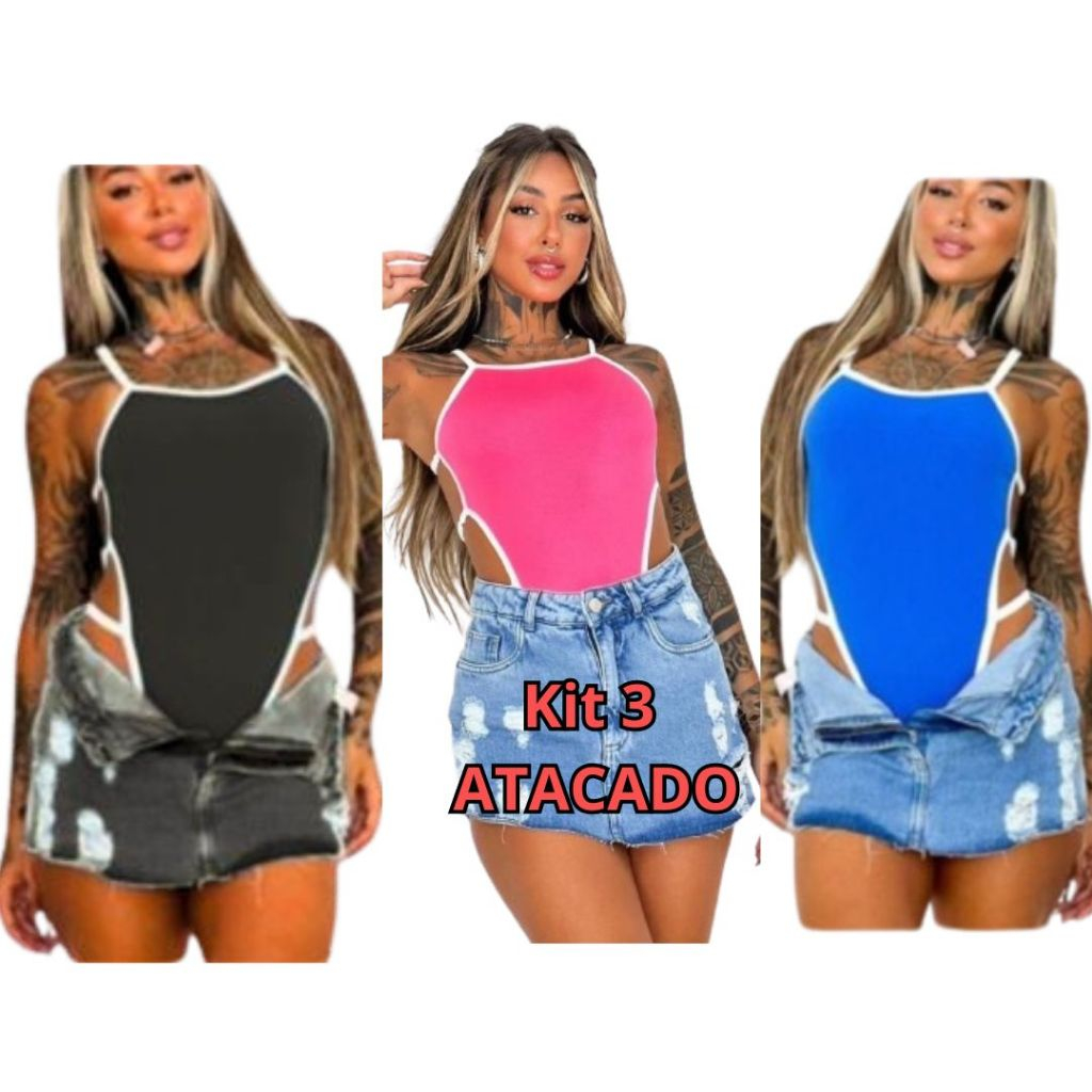 Kit 3 Maiô body mel maia cavado gringa moda praia, maiô praiano, decote ...