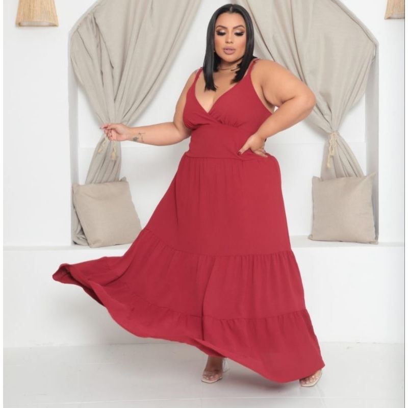 Vestido longo alça plus size forrado 50/54 - Liane | Shopee Brasil