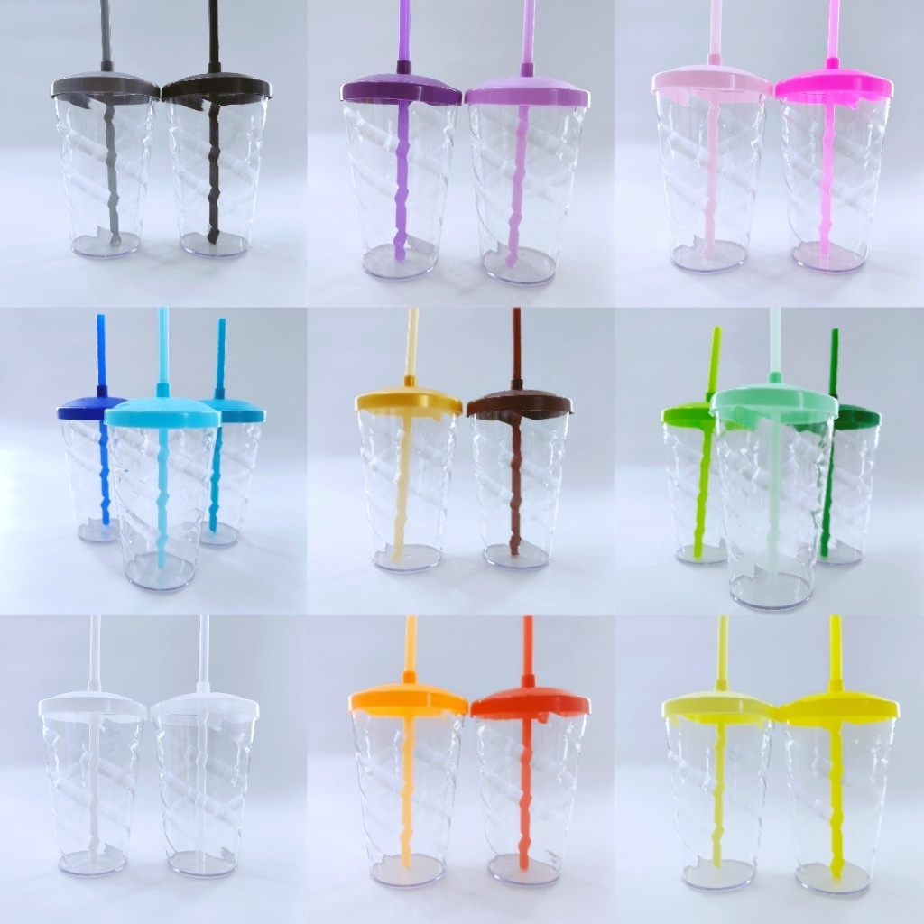 27 Copos 500ML TWISTER transparente com tampa e canudo colorido art ...