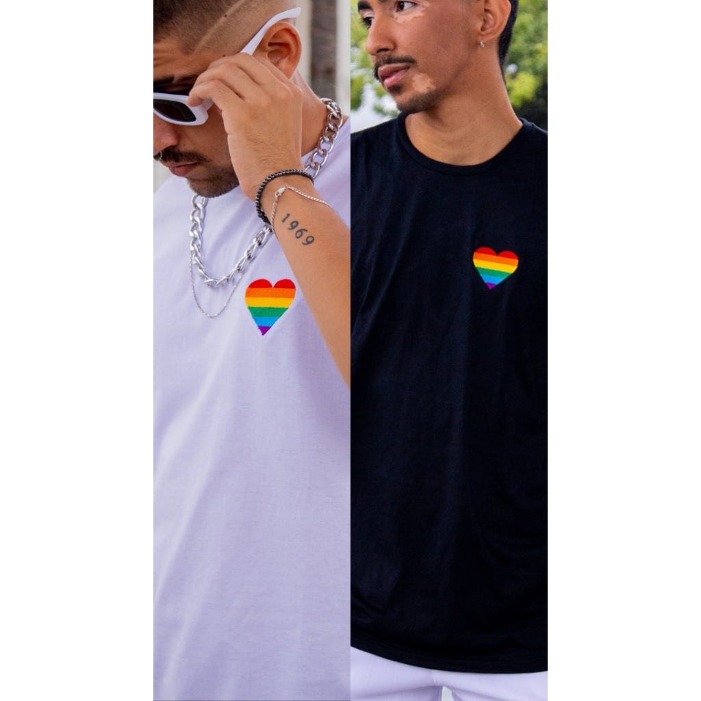 Camiseta Blusa com bordado coração colorido lgbt 100% algodão Masculina ...