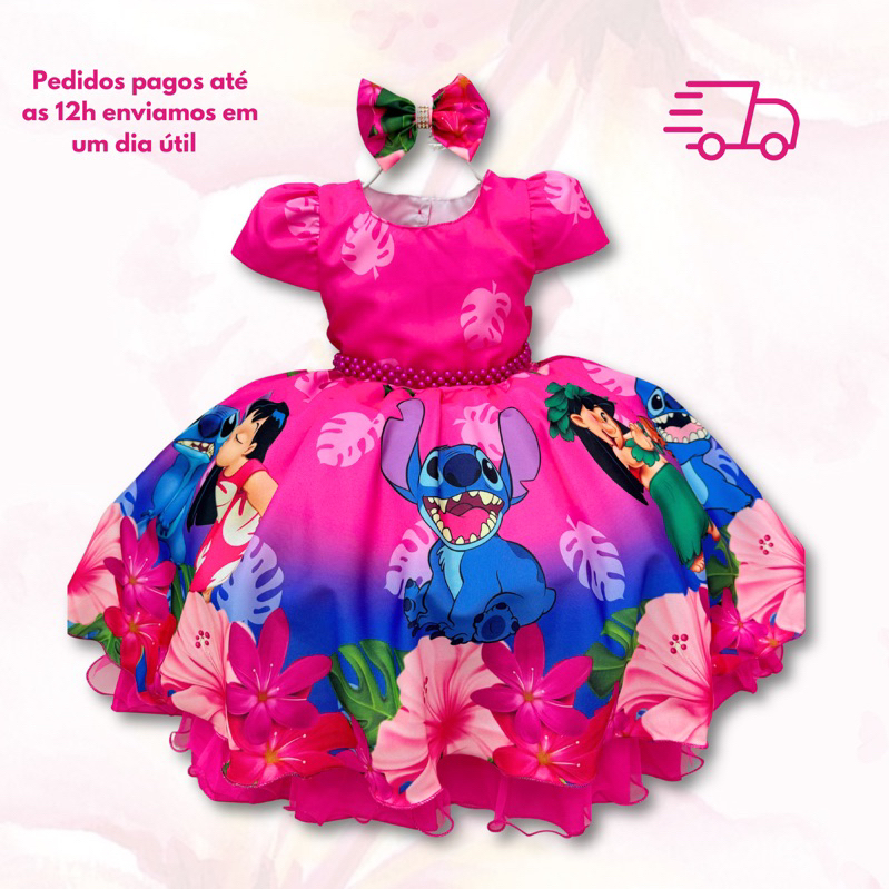 vestido infantil Lilo stitch rosa vestido Lilo stitch com laço de ...