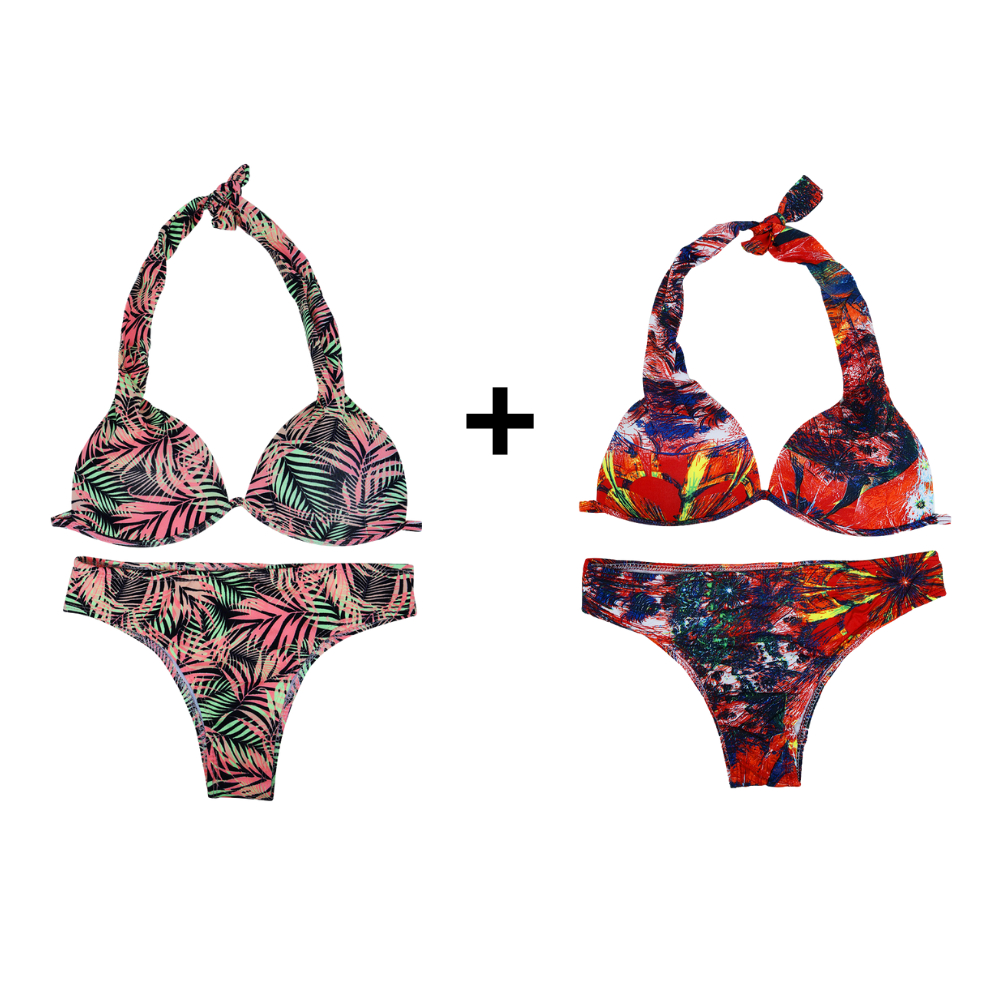 Kit 2 Conjuntos de Biquinis Femininos Coloridos Listrados Florais Moda ...