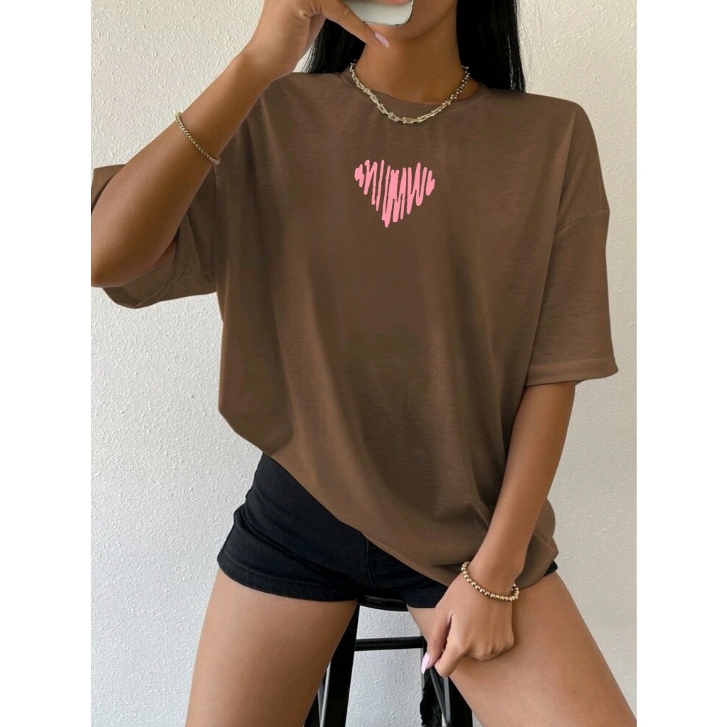 Camiseta T-Shirt feminino 100% algodão casual ombro caído com coração ...
