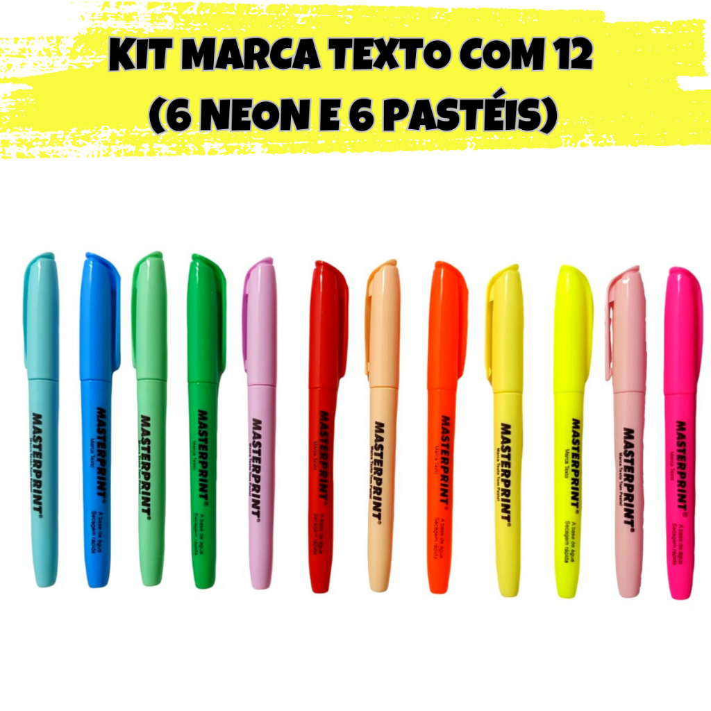Kit 12 Marca Texto (6 neon + 6 pastel) Marcador de Texto Masterprint ...