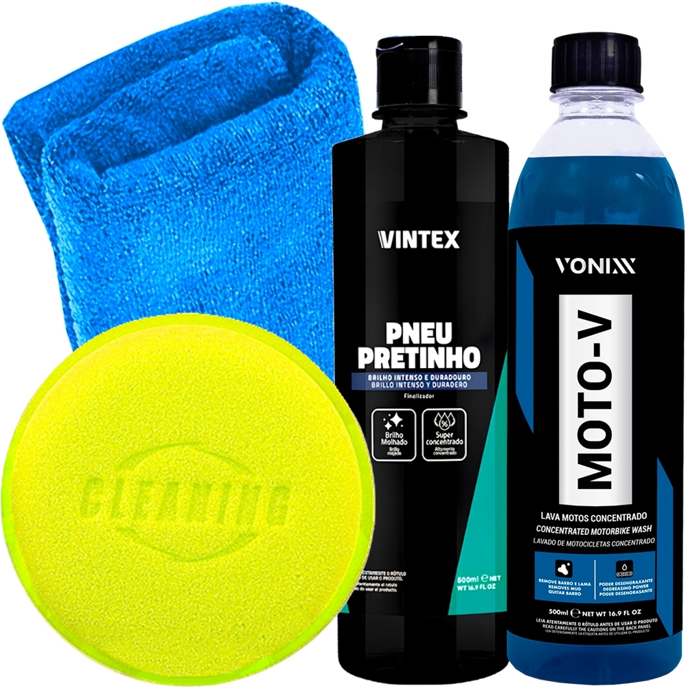 Kit Para Lavagem de Motos Moto-V Vonixx 500ml Pretinho Pneu Vintex 500ml Aplicador Espuma Toalha ...