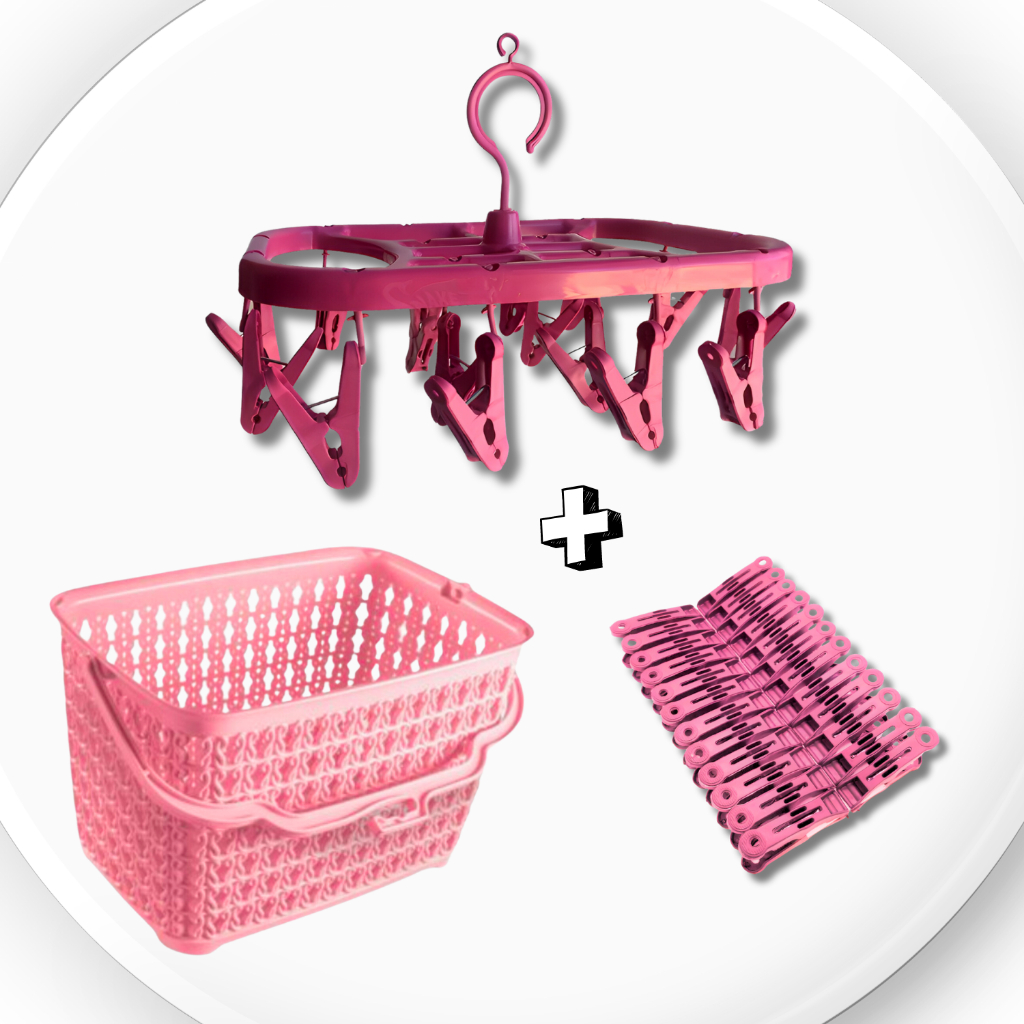 Kit Lavanderia Rosa com Varal 16 Prendedores + Cesto Multiuso + 48 ...