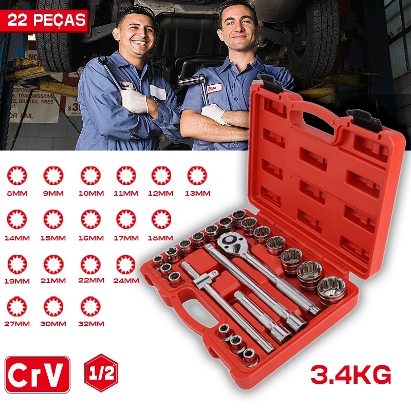 Kit Jogo de Soquetes Estriados 8 A 32mm 22 Pçs 1/2 Chave Catraca ...