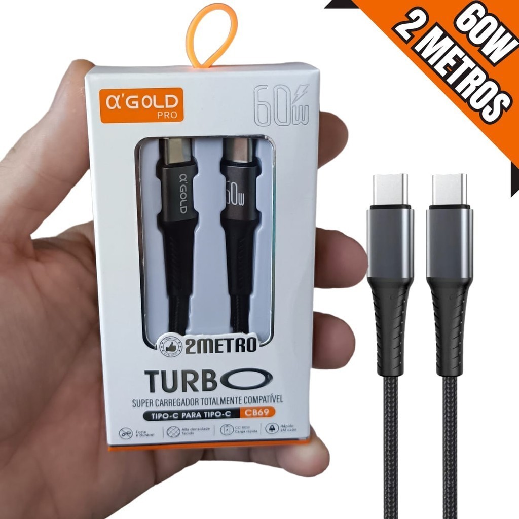 Cabo Tipo C para Tipo C 2 metros TURBO 60W Agold CB69 Carregamento ...