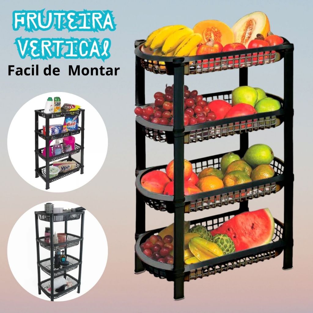 Fruteira Multiuso Vertical 4 Andares de Plástico Preto Para Cozinha ...