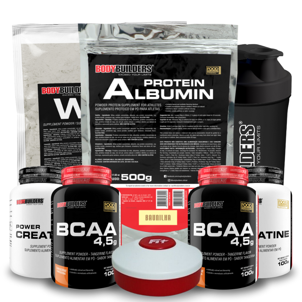 Kit Whey Protein 500g + Albumin Protein 500g + 2x BCAA 100g + 2x Power ...