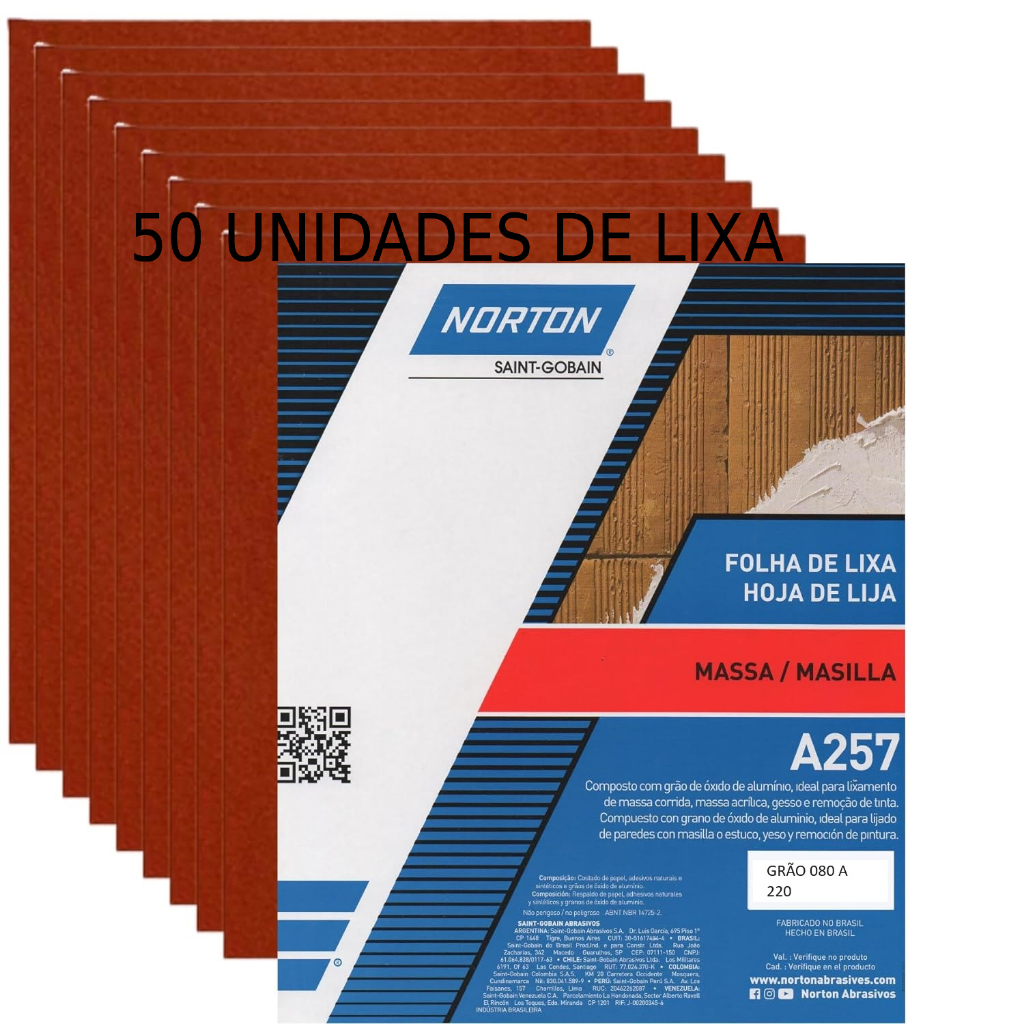 Lixa Massa Para Parede Grão 80 a 220 A257 NORTON com 50 Unidades ...