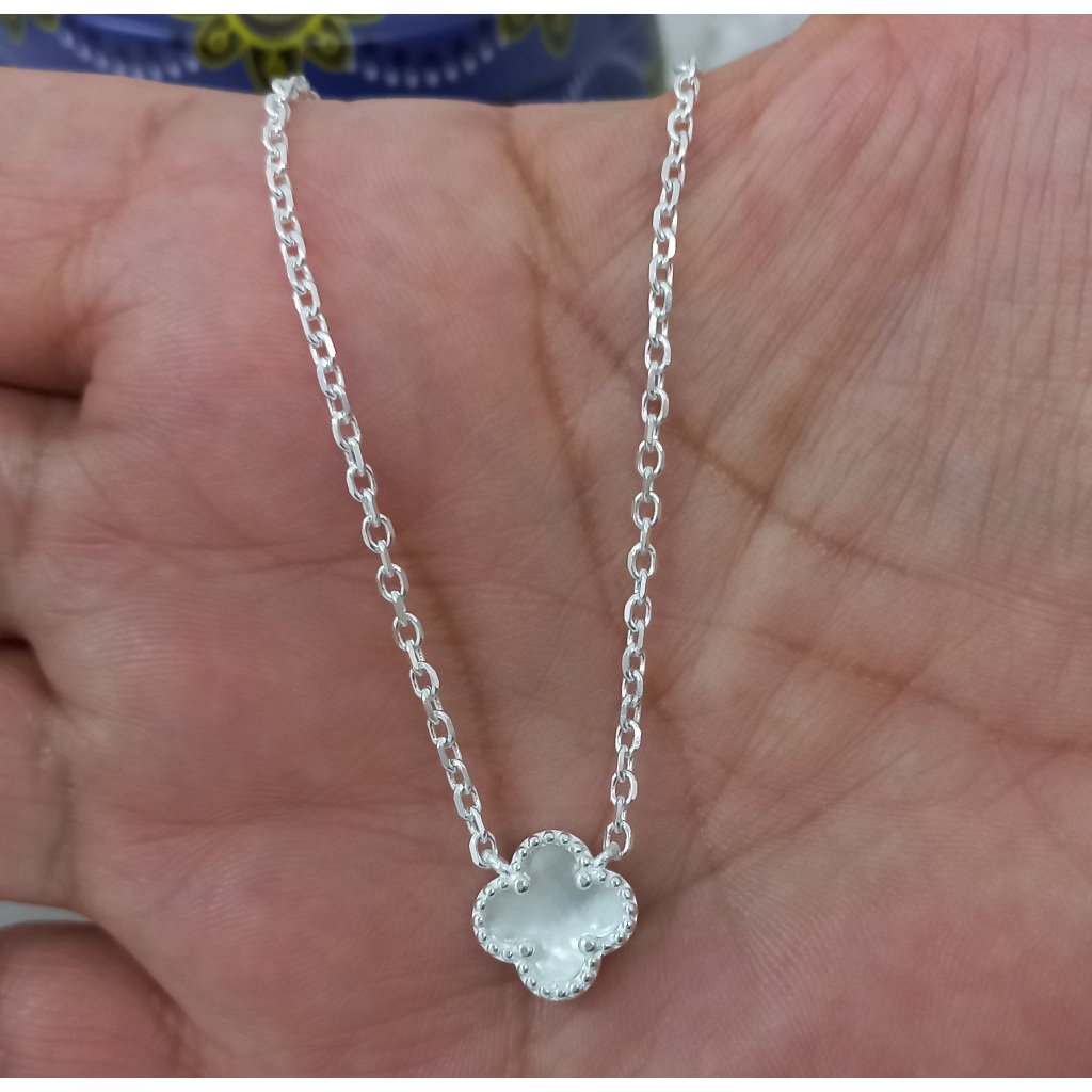 Colar de Prata 925 Trevo Inspiração Virgina Luxo com Pedra Madrepérola ...