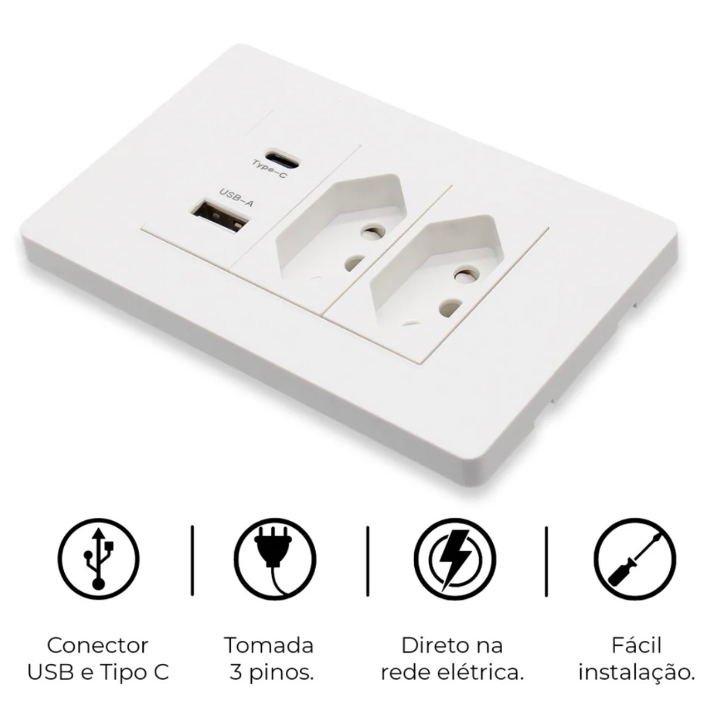 Tomada de Parede Dupla Com Entrada Usb e tipo C 5V Bivolt - 4 em 1 ...