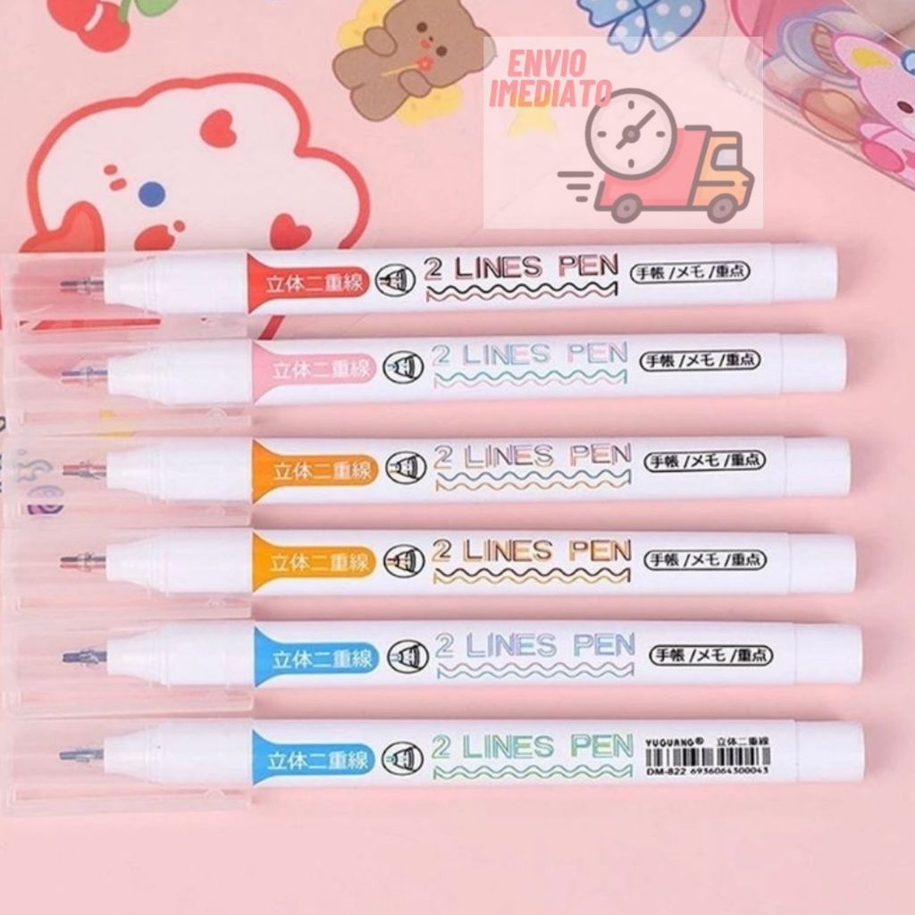Kit 6 Canetas de Pontas Duplas Coloridas, Line pen com 6 Cores Duas ...