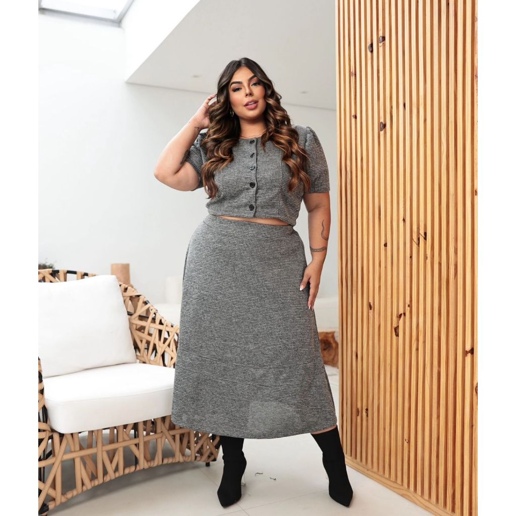 Conjunto Eva Plus Size Cropped E Saia Lanzinha Tweed | Shopee Brasil