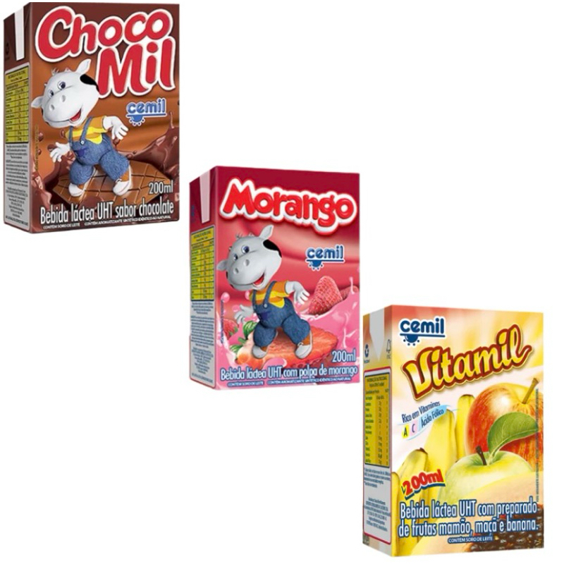Bebida Láctea Cemil 200ml-SABORES Vitamil, Chocomil e Morango Caixa com ...