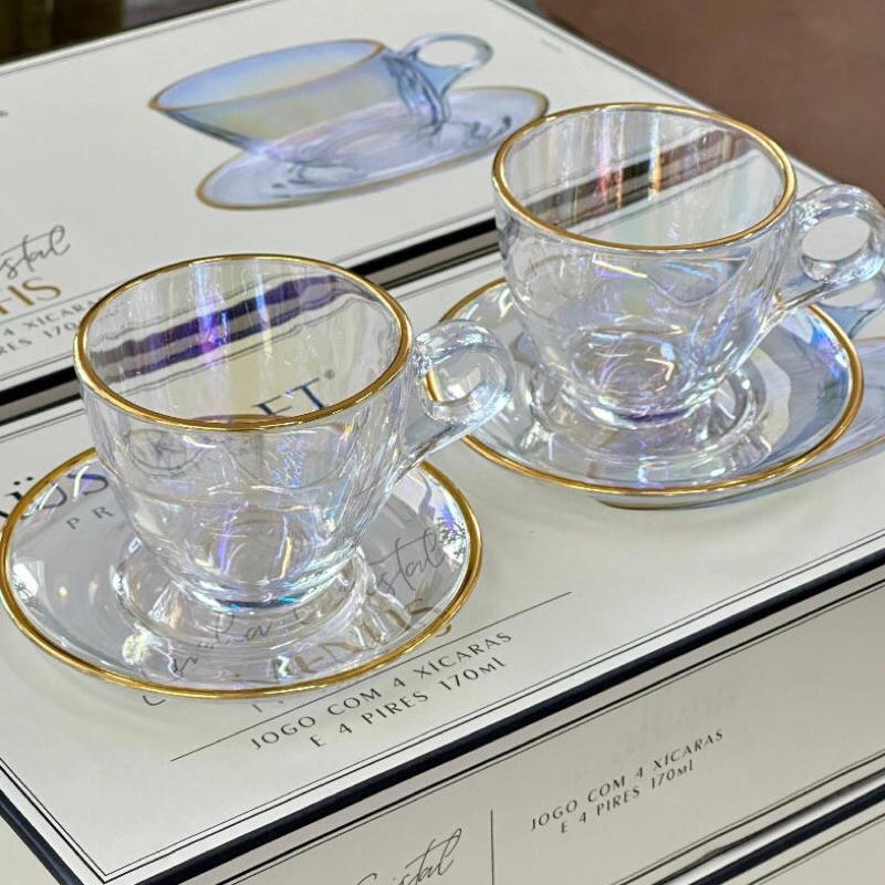 Jogo De Xicara Vidro Com Borda Dourada + Pires Para Café Linha Cristal Menfis Hauskraft Premium ...
