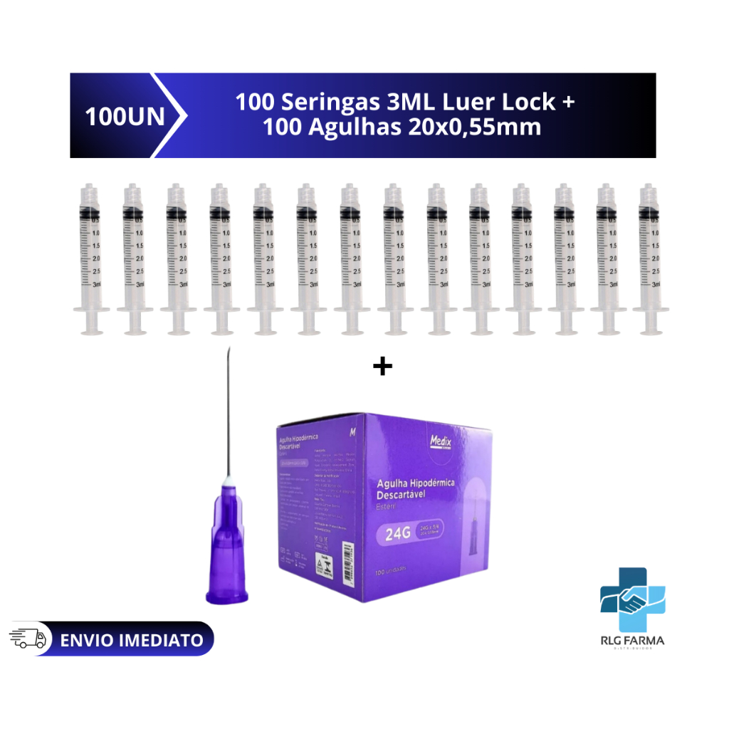 Kit 100 Seringas 3ml Bico Luer lock Rosca + 100 Agulhas 20x0,55 Medix ...