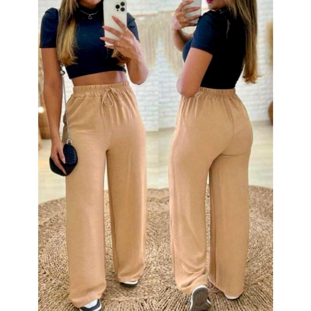 Calça Pantalona Feminina Duna Com Elástico Alfaiataria Alta Wide leg P ...
