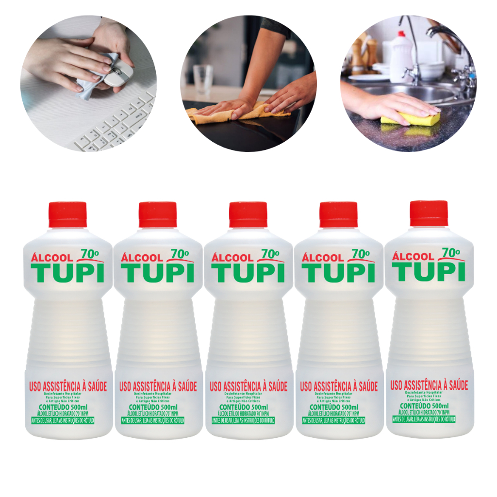 KIT 5 Álcool 70% Líquido 500ml Desinfetante Antibacteria Bactericida ...