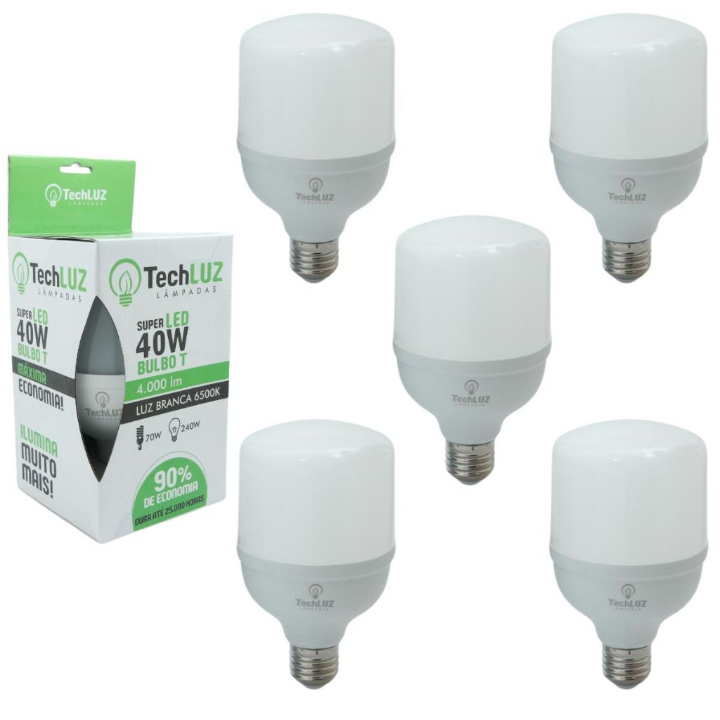 Kit 5 Lâmpadas Led 40W Bulbo 6500k Branco Frio E27 Bivolt Inmetro Econômica | Shopee Brasil