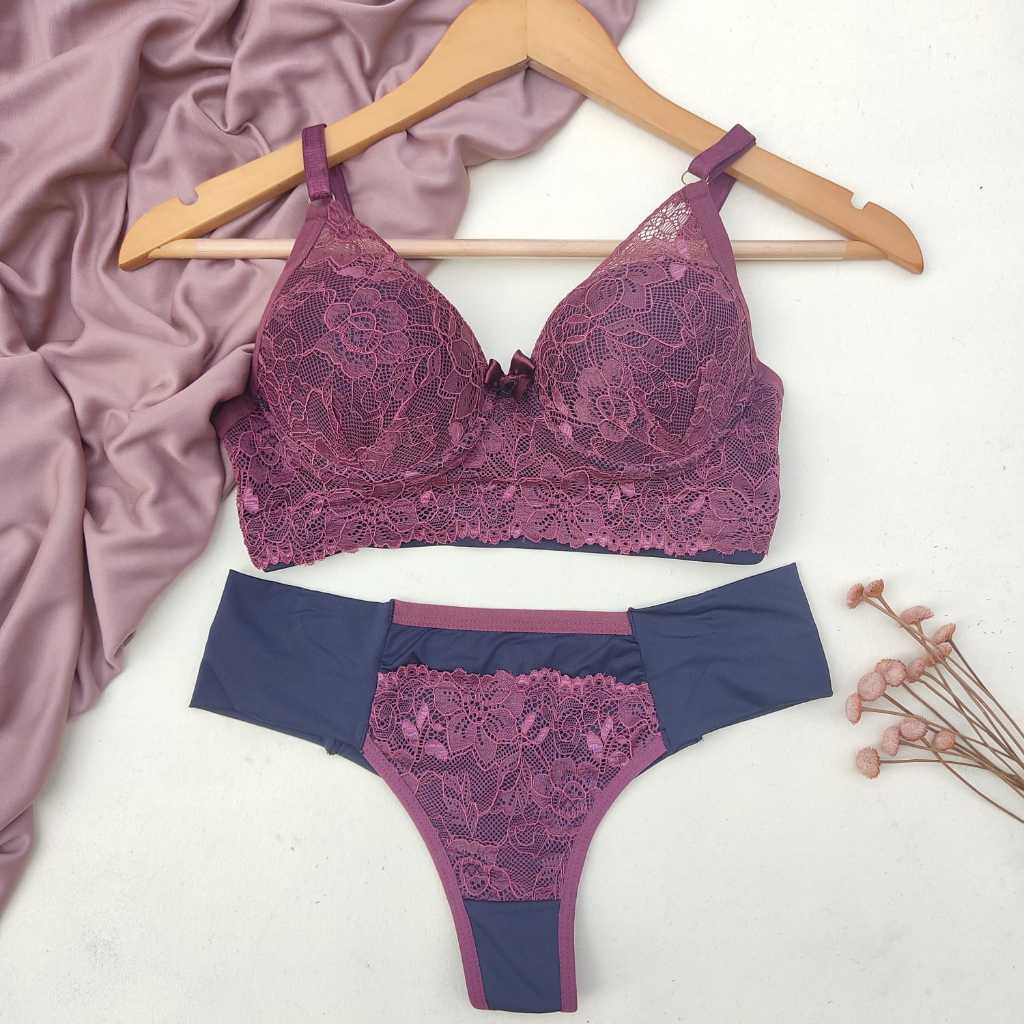 Conjunto Lingerie Renda Sutiã Com Bojo E Calcinha Fio Duplo - Moda ...