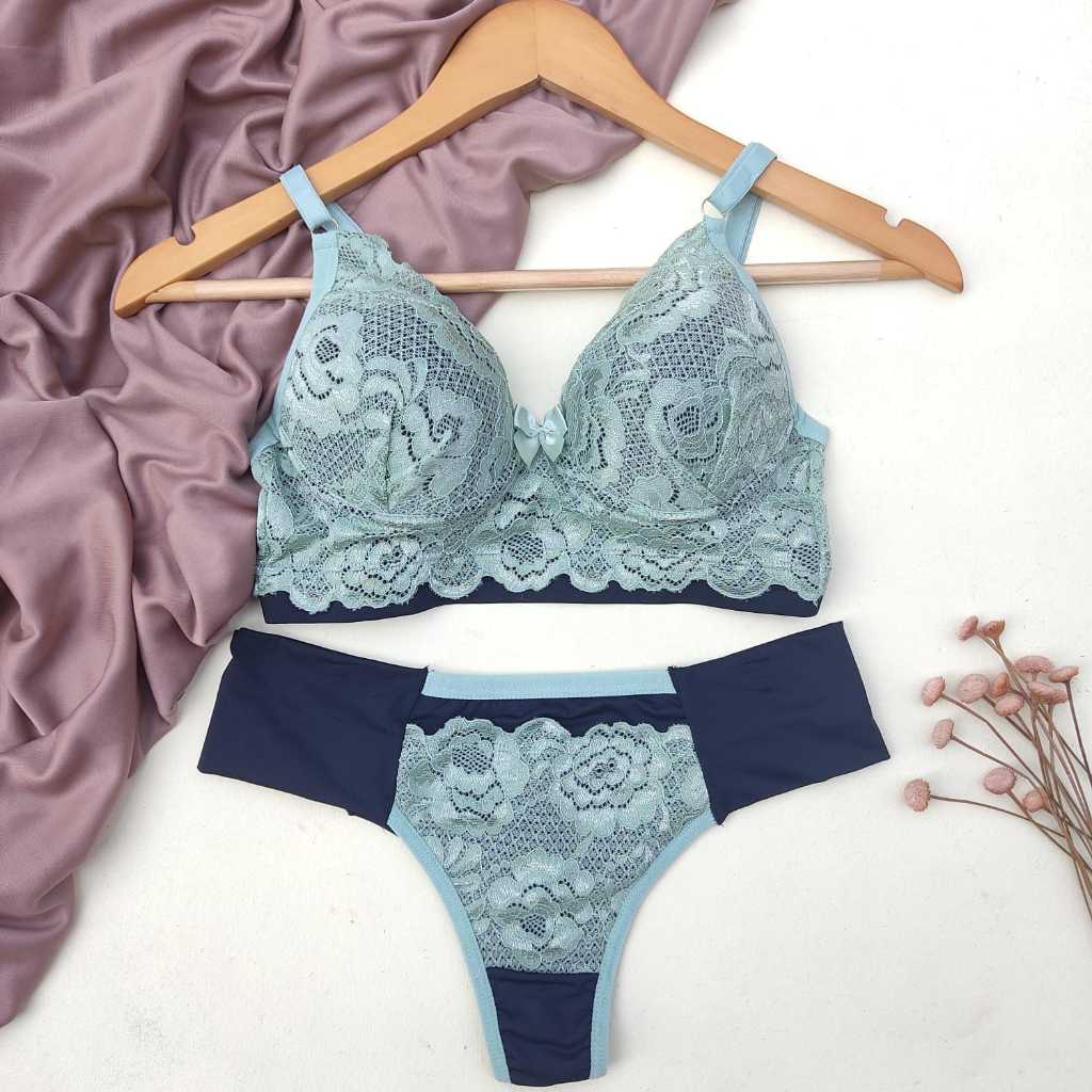 Conjunto Lingerie Renda Sutiã Com Bojo E Calcinha Fio Duplo - Moda ...