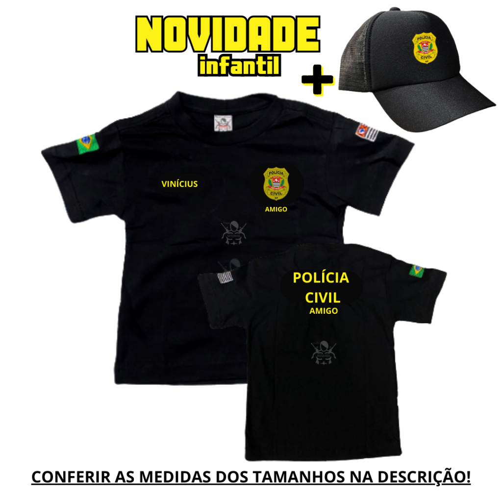 Camiseta Infantil Personalizada Tema Militar com Boné | Bordado Policia ...
