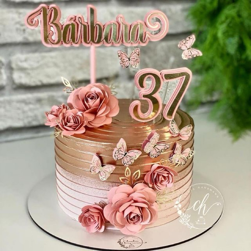topper topo de bolo flores e borboletas rosé e dourado personalizado ...
