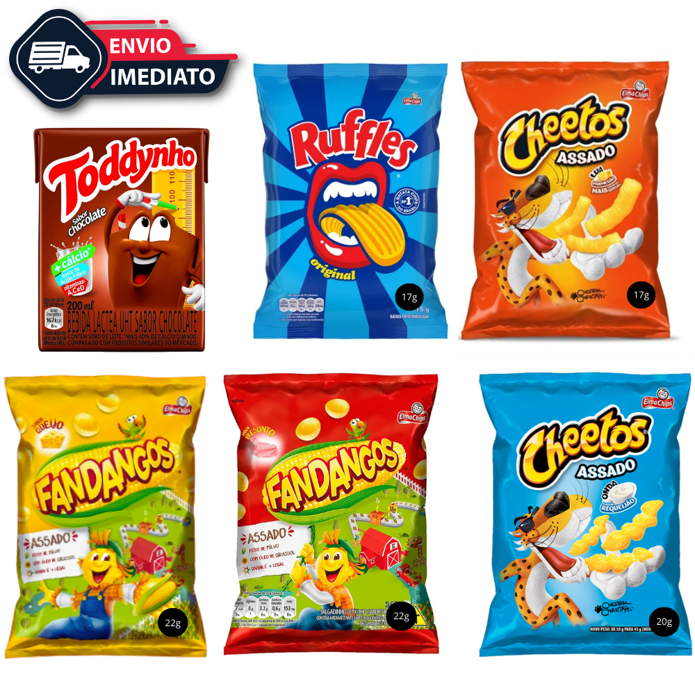 Kit Salgadinho Elma Chips Lanchinho Ruffles, Fandangos, Cheetos lua, Cheetos Requijao e Toddynho ...
