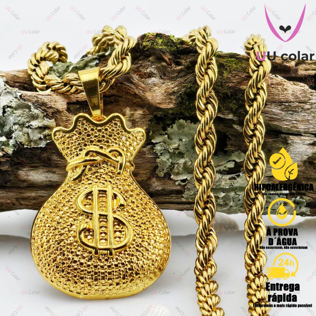 Corrente Masculina de 4mm com Pingente de Malote - Banhada a Ouro 18K ...