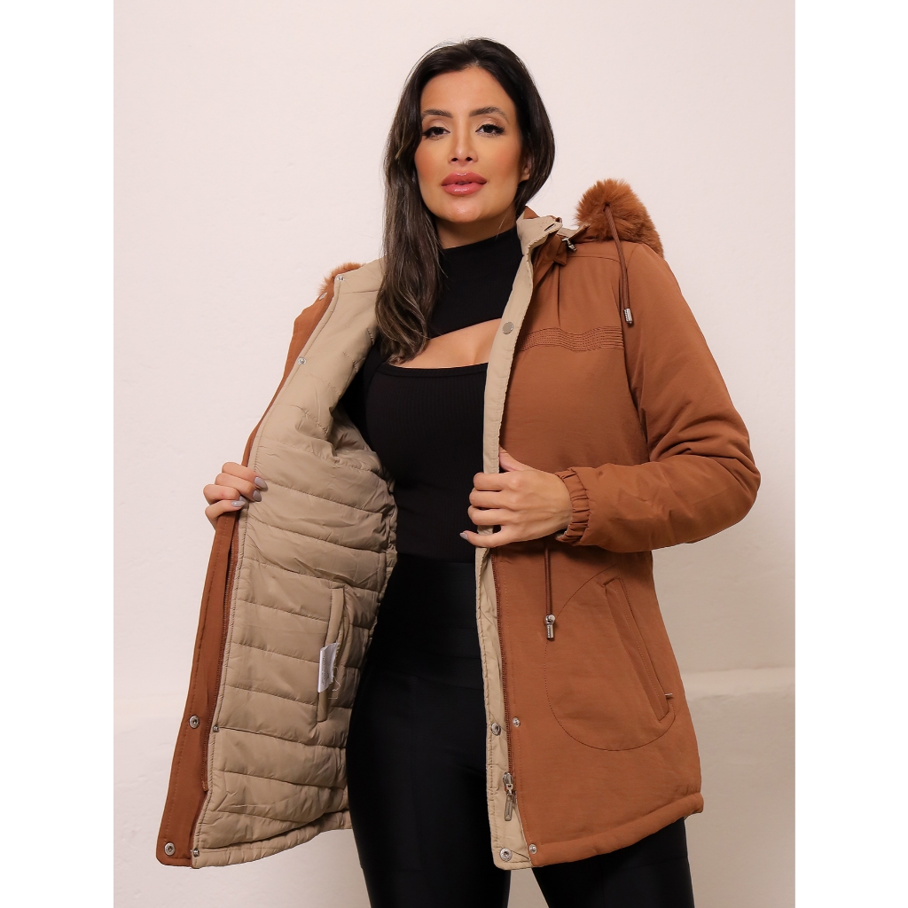 Parka Dupla Face Feminina Impermeável Casaco Frio Intenso Sarja Inverno ...