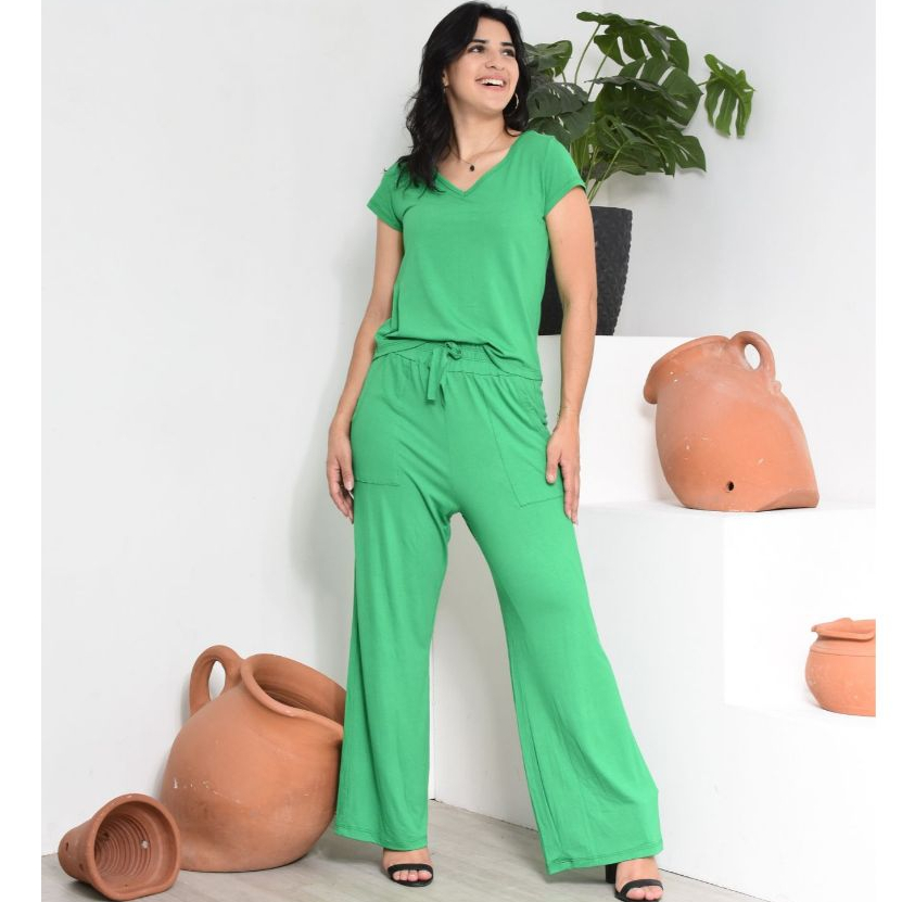 CONJUNTO VISCOLYCRA CALÇA PANTALONA E BLUSA GOLA V BÁSICA | Shopee Brasil