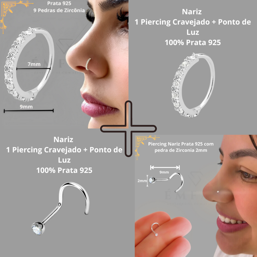 Piercing Nariz Argola Prata Cravejado + Piercing Nariz Ponto de Luz ...