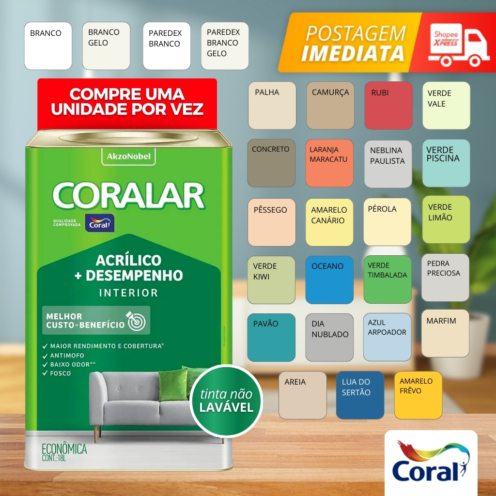 Tinta Econômica Fosca Coralar Paredes Coral 18 Litros AntiMofo Acrica ...