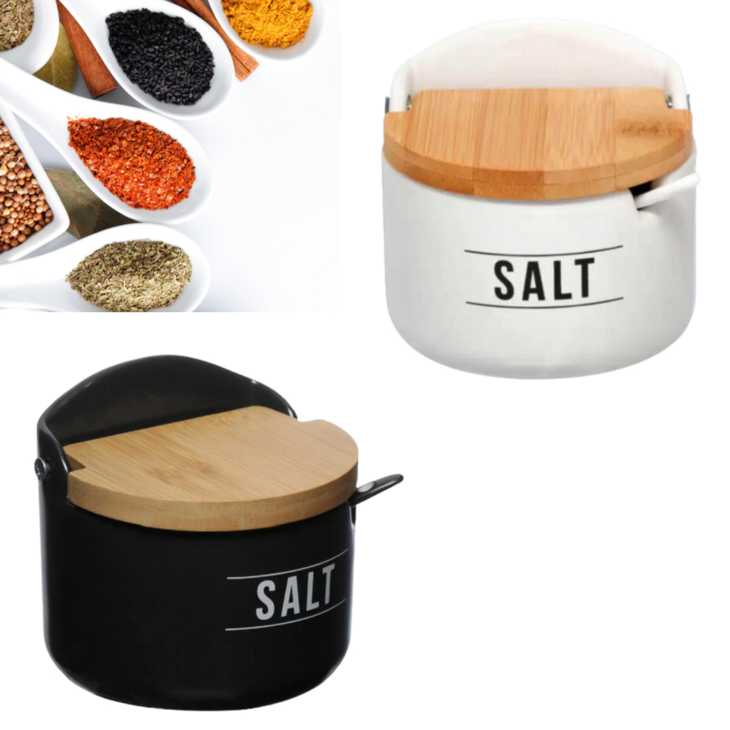 Saleiro Oval Salt Porta Condimentos Temperos Cozinha Cerâmica Colher (353g) tampa Bambu ...