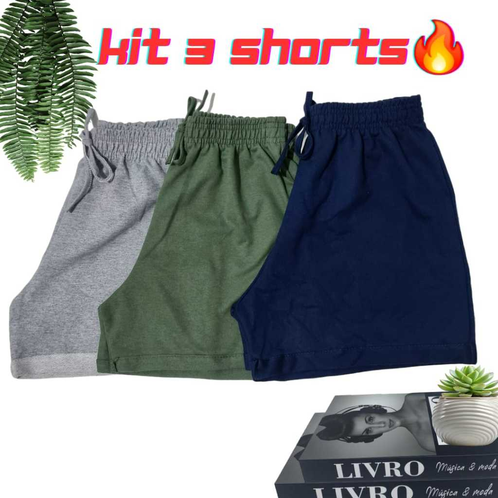 kit 3 Shorts Moletinho Feminino Moletom Liso barrinha dobrada | Shopee ...
