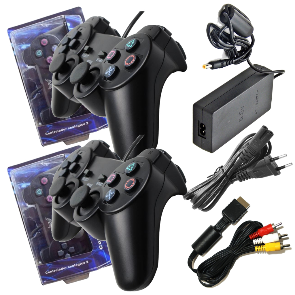 Kit Acessórios Ps2 Cabos Para Consoles Playstation 2 C/ 2 Controles ...