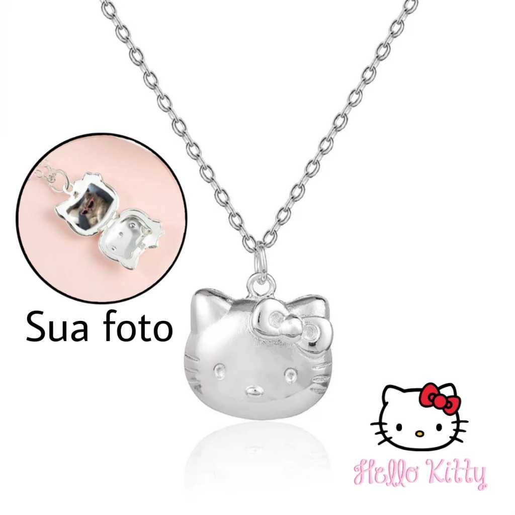 Colar Relicário Hello Kitty com Sua Foto Corrente Aço Inoxidável Kawaii ...