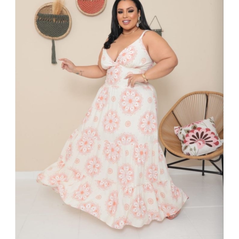 Vestido longo alça plus size forrado 50/54 - Liane | Shopee Brasil