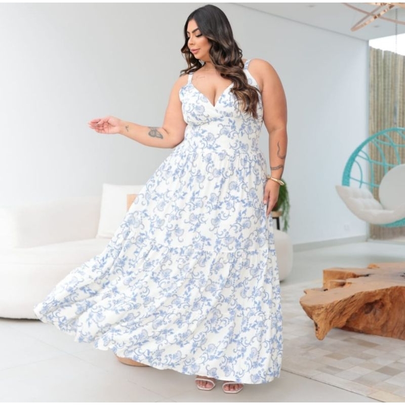 Vestido longo alça plus size forrado 50/54 - Liane | Shopee Brasil