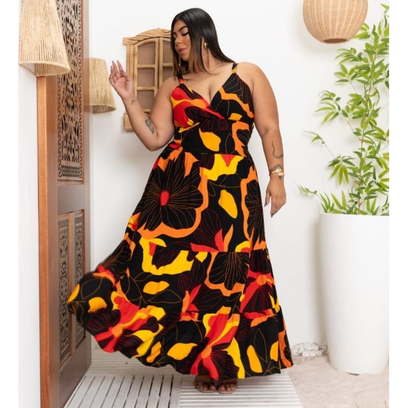 Vestido longo alça plus size forrado 50/54 - Liane | Shopee Brasil