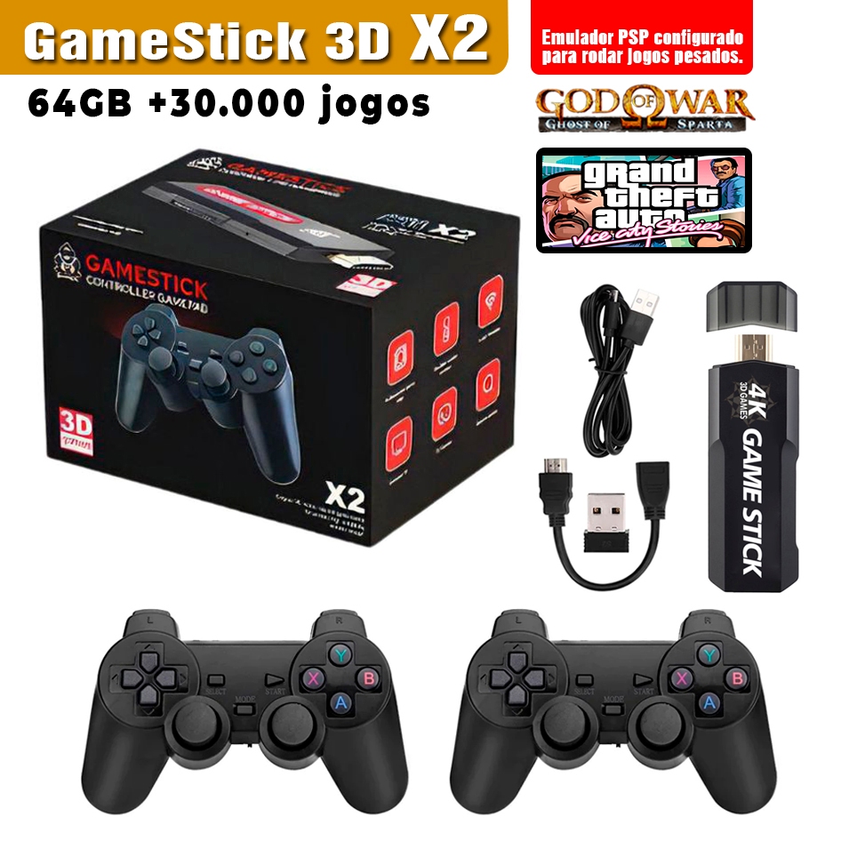 Videogame Retrô GameStick 3D 4K Ultra HD X2 64GB +30 Mil Jogos C/ 2 Controles - Produto no ...