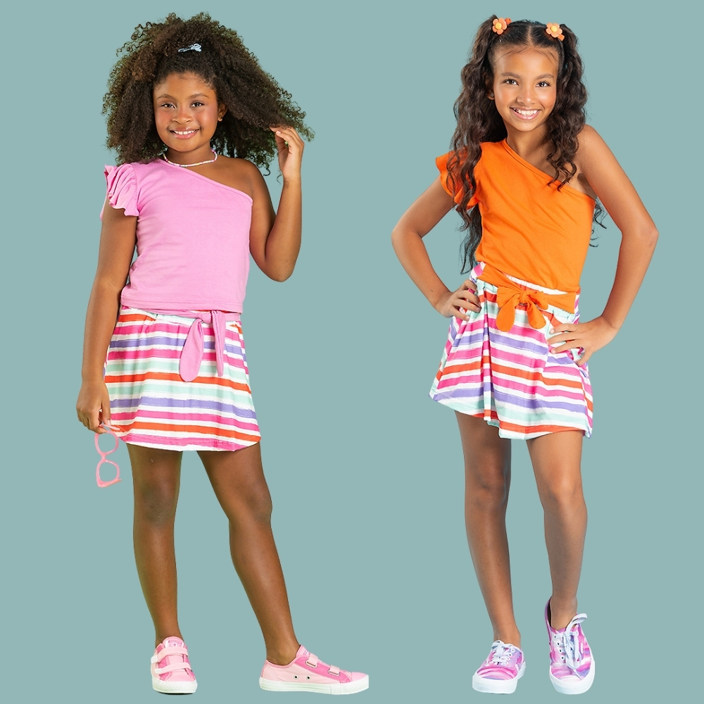 Conjunto Verão Menina Cropped Ombro Único E Shorts Saia Com Amarração ...