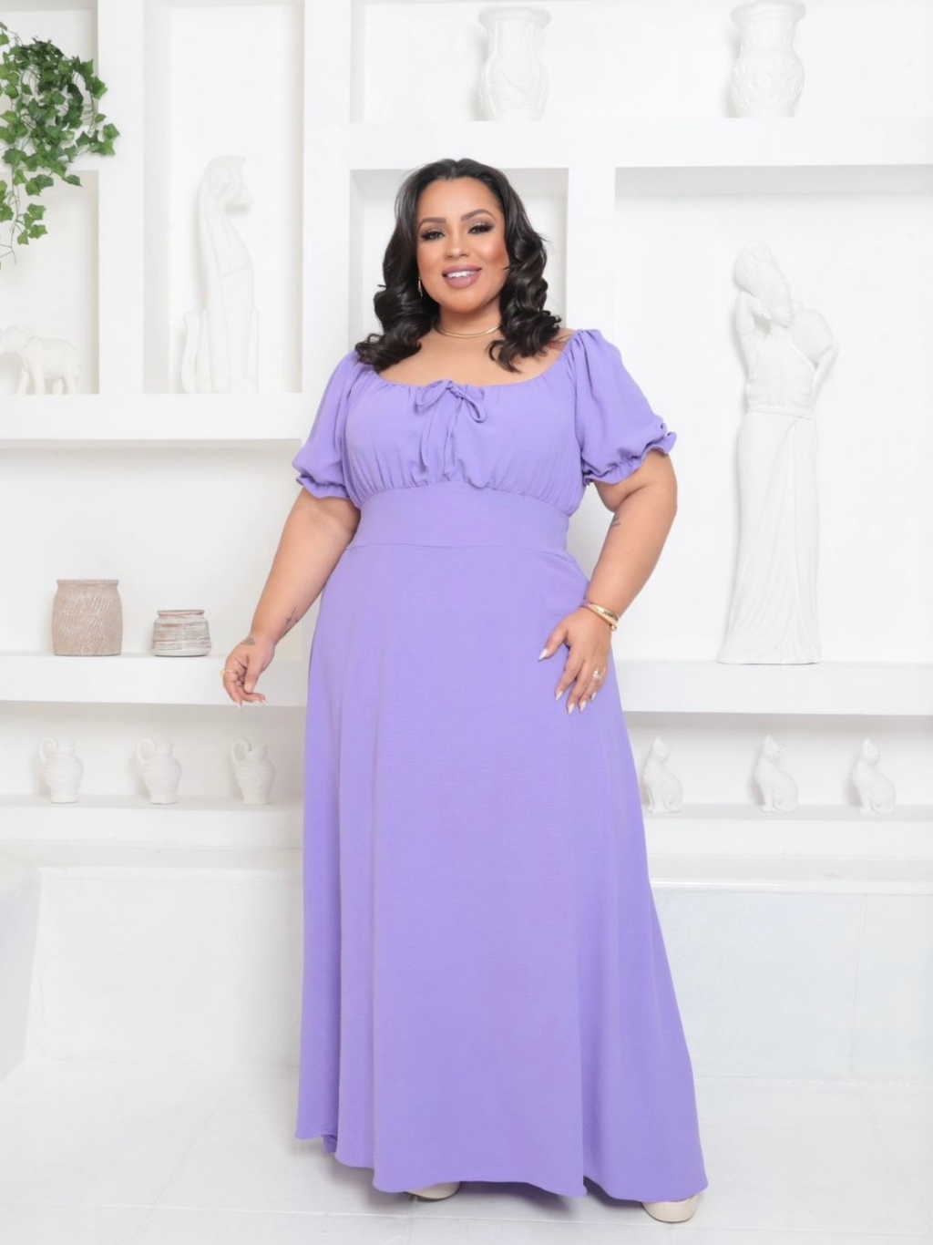 Vestido Longo Sofia Plus Size Com Detalhes Na Manga E Elastico Nas Costas | Shopee Brasil