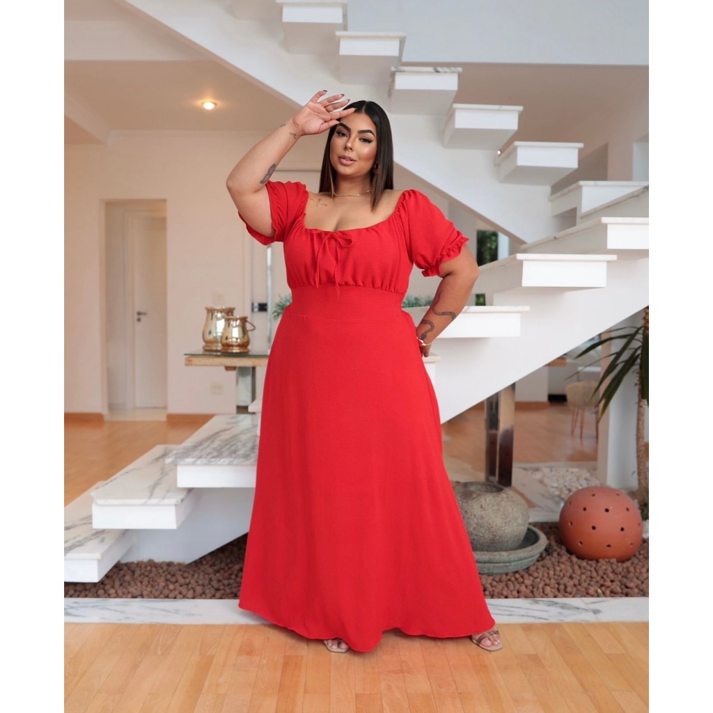 Vestido Longo Sofia Plus Size Com Detalhes Na Manga E Elastico Nas Costas | Shopee Brasil